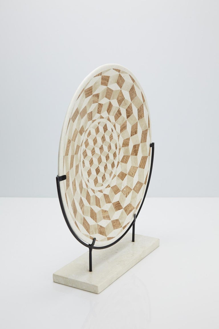 Tessellated Wood Stone "Illusion" Plate on Iron Stand, 1990s at 1stDibs
