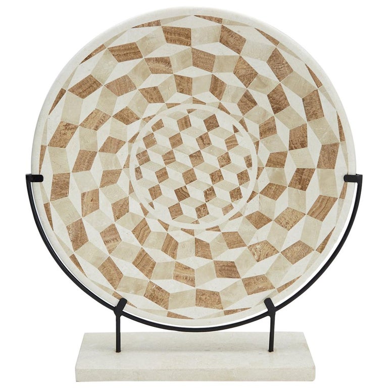Tessellated Wood Stone "Illusion" Plate on Iron Stand, 1990s at 1stDibs