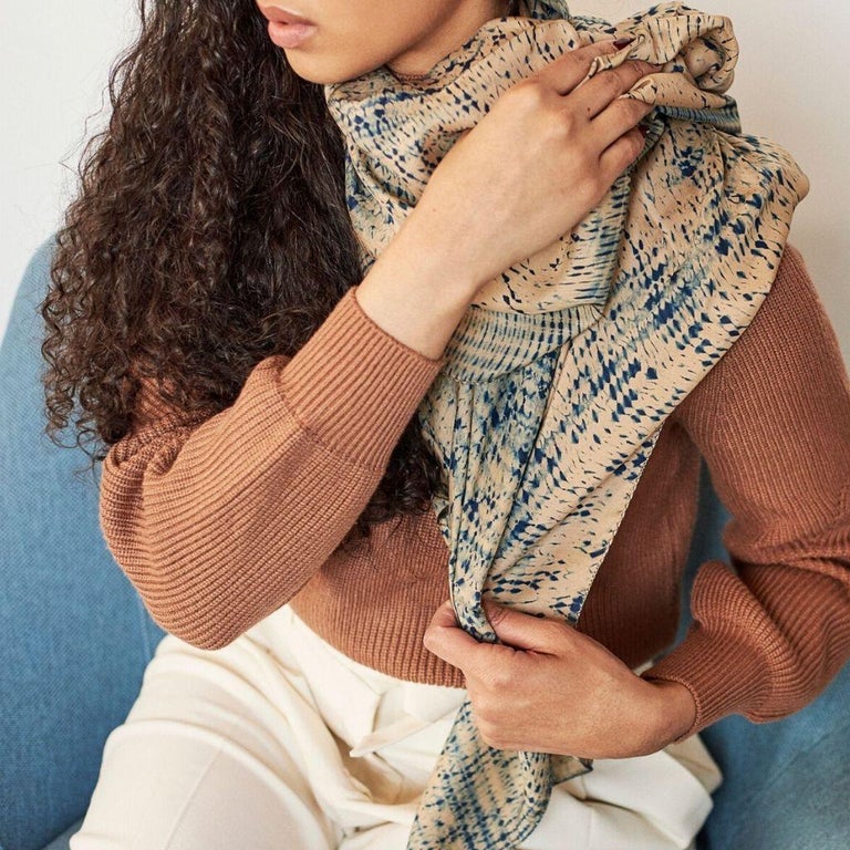 TESU Indigo Gold Silk Scarf In Classic Shibori Print Handmade By ...