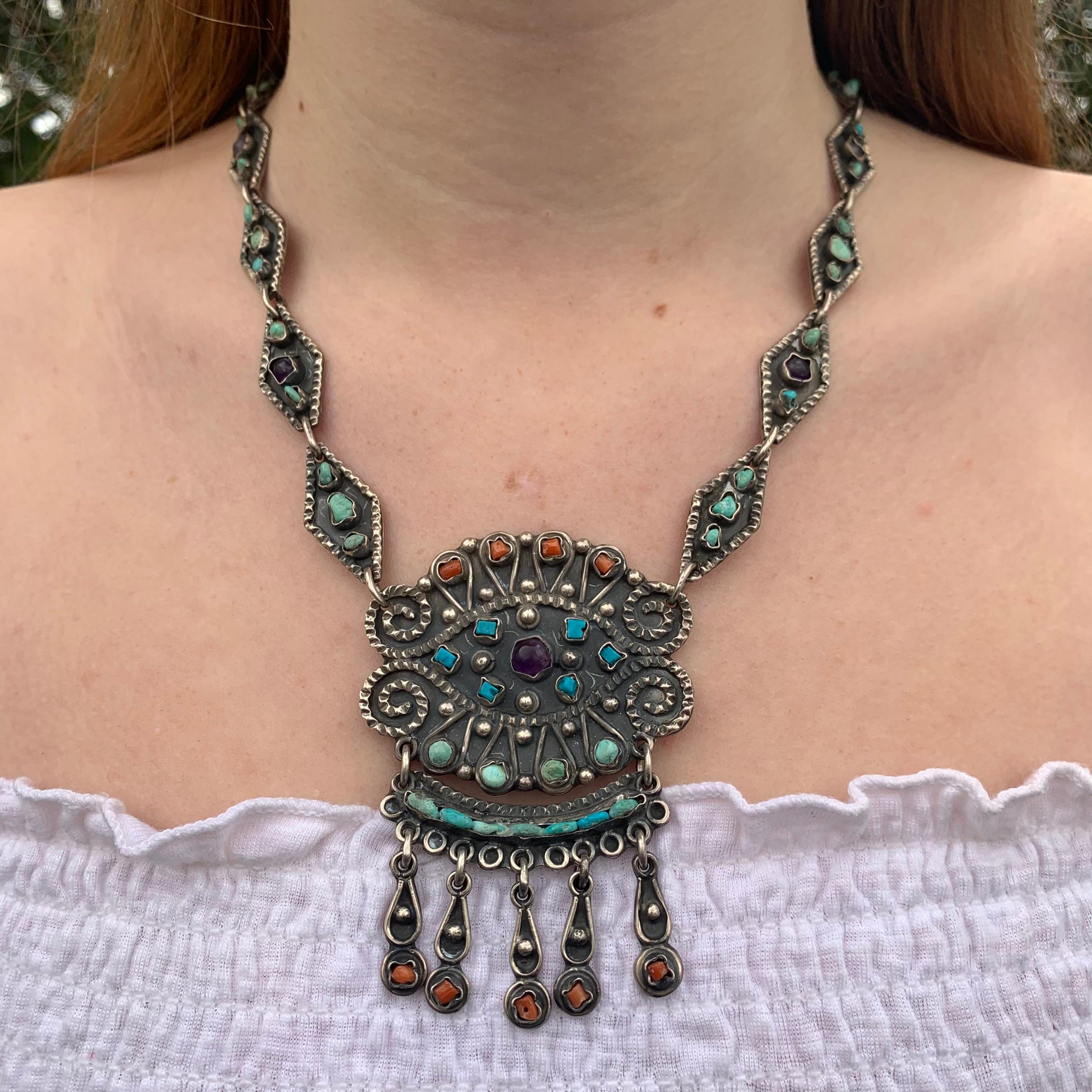 Texco Mexican Silver, Turquoise, Coral, and Amethyst, Stone Set Pendant ...