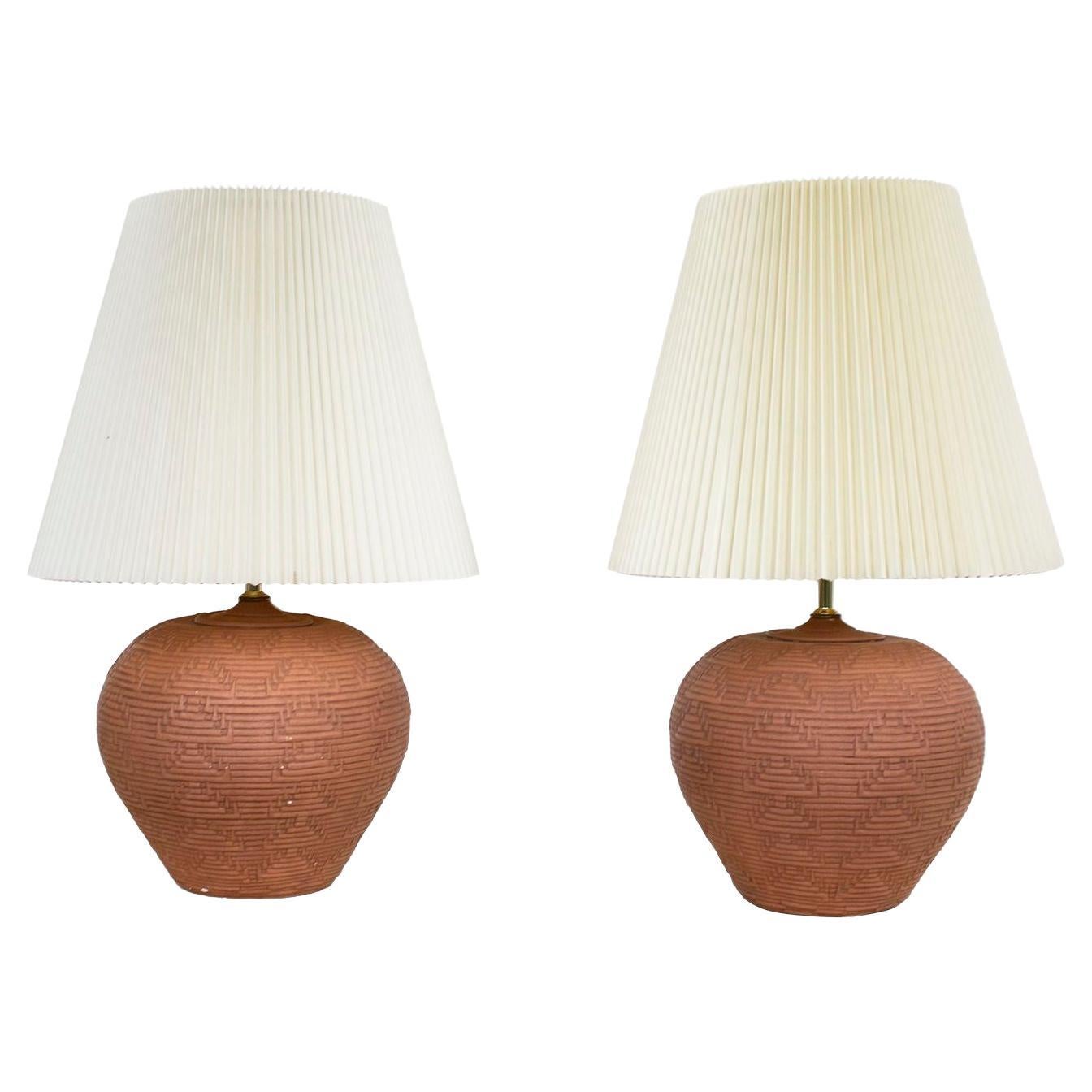Textured Ceramic Table Lamps in Terracotta, Pair For Sale at 1stDibs