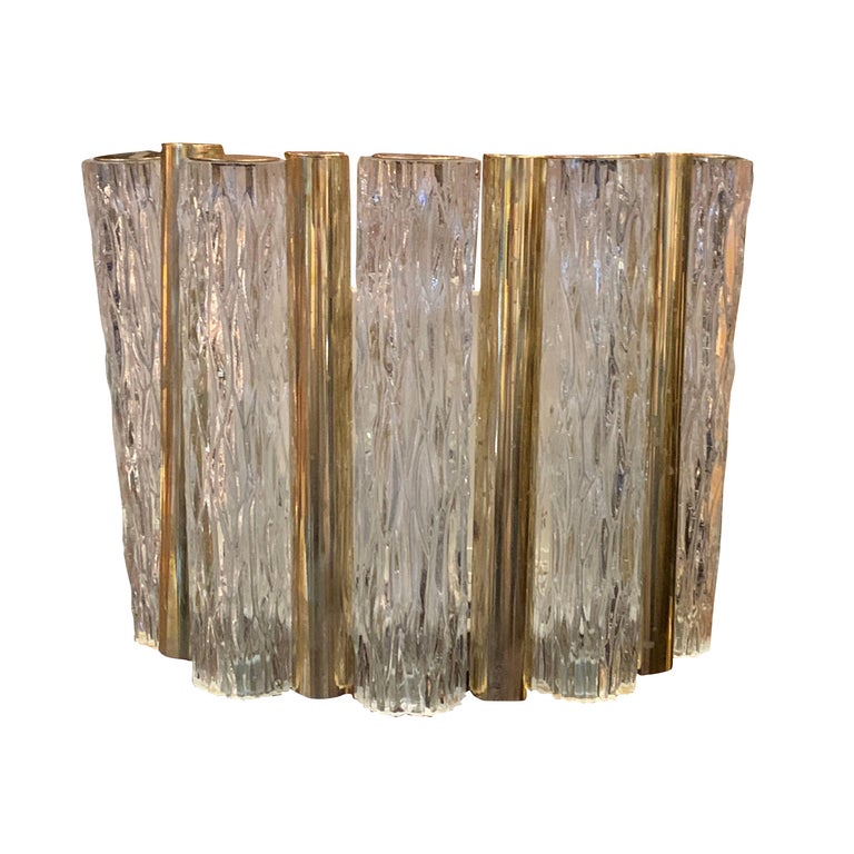 Textured Glass Tube Shape Sconces with Brass Trim, France, Midcentury ...