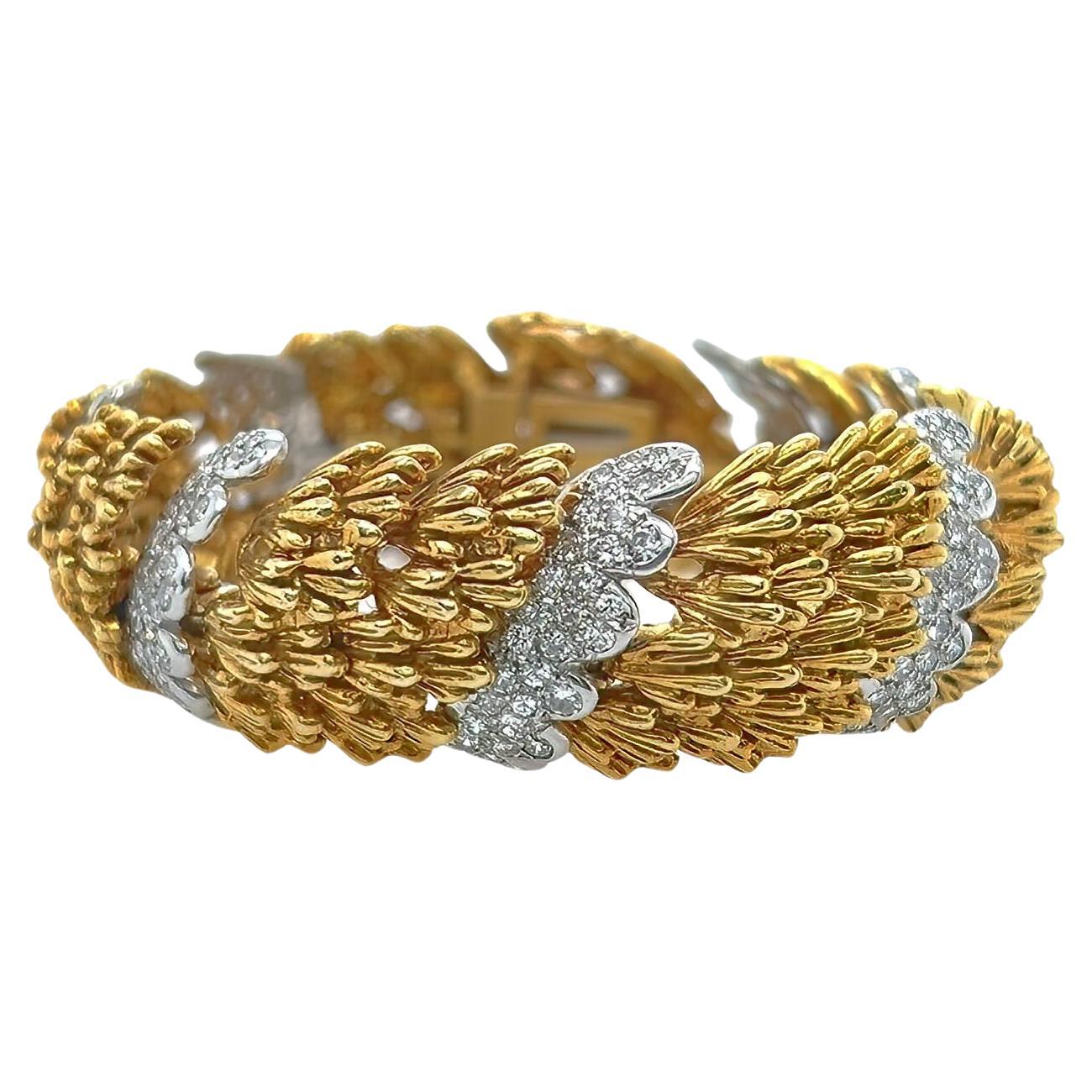 Textured Gold Diamond Flexible Bracelet For Sale at 1stDibs