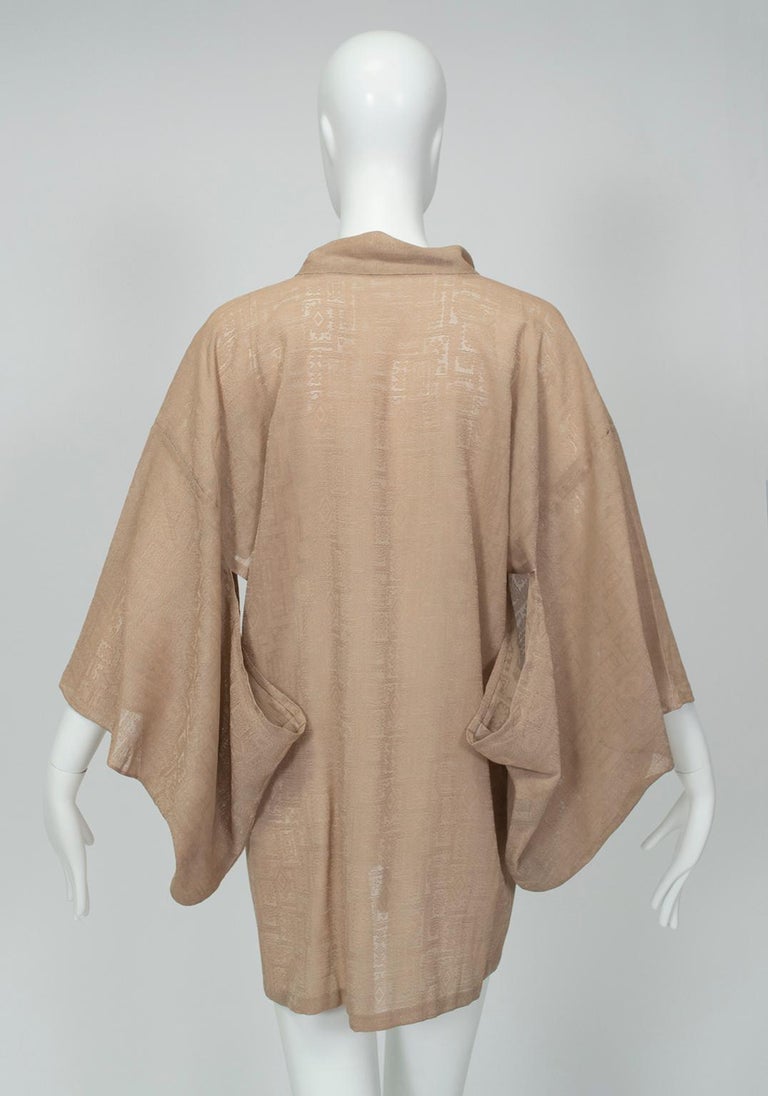 Taupe Textured Jacquard Haori Half-Kimono Tie Front Lingerie Jacket - M ...