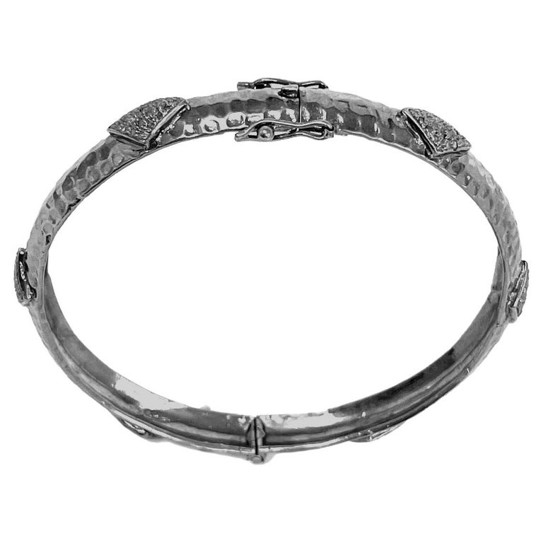 Textured Silver Bangle with Diamonds Bracelet 'Load Photos' For Sale at 1stDibs
