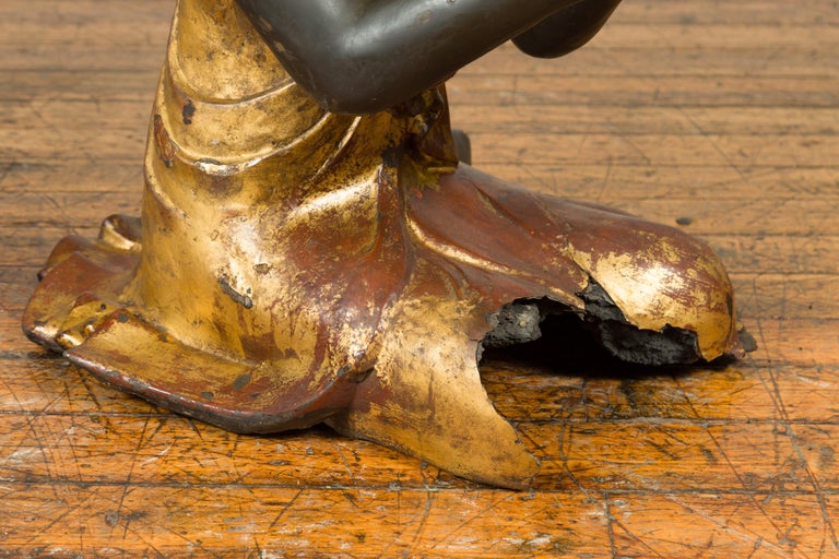 Thai 20th Century Kneeling Ceremonial Temple Monk Lacquered and Gilt ...