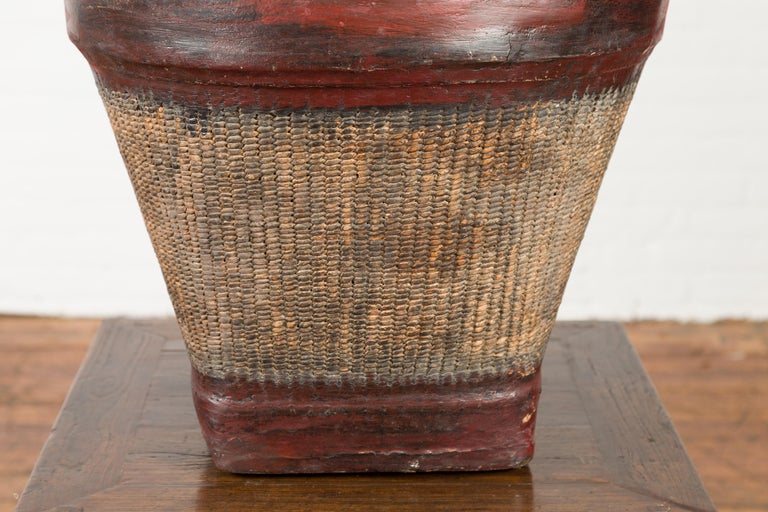 Thai 19th Century Rustic Hand-Woven Rattan Rice Basket with Red Rim For ...