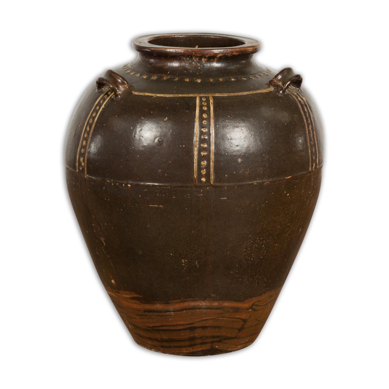Thai Brown Glazed Ceramic Vase with Loop Handles and Cream Dotted Décor For Sale at 1stDibs