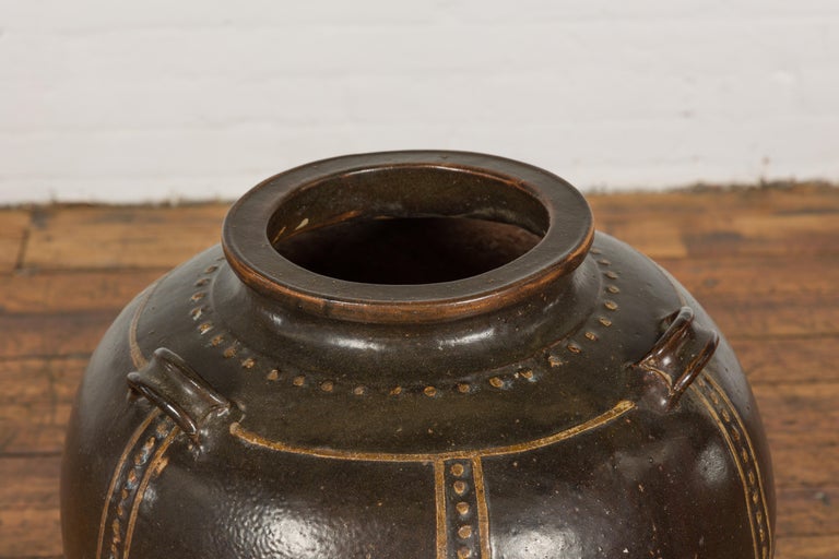 Thai Brown Glazed Ceramic Vase with Loop Handles and Cream Dotted Décor For Sale at 1stDibs