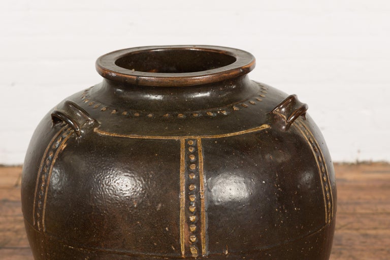 Thai Brown Glazed Ceramic Vase with Loop Handles and Cream Dotted Décor For Sale at 1stDibs
