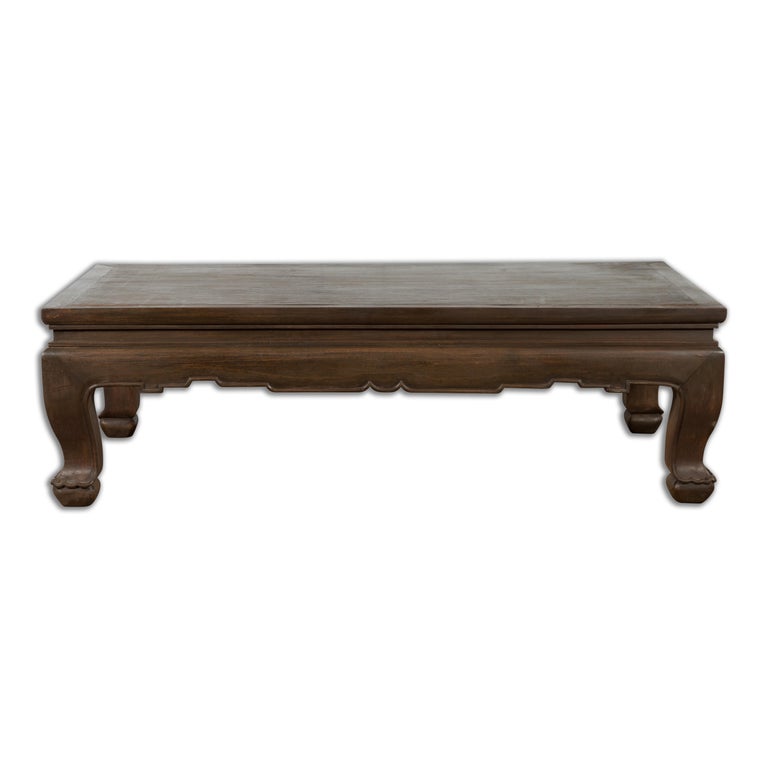 Thai Teak Wood Vintage Coffee Table with Carved Apron and Dark Brown ...
