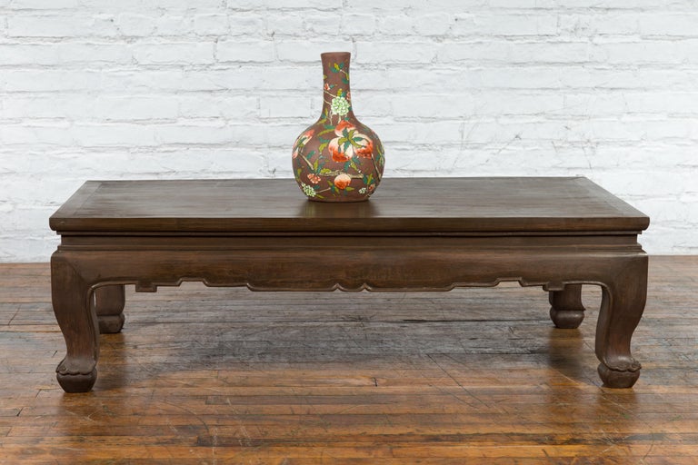 Thai Teak Wood Vintage Coffee Table with Carved Apron and Dark Brown ...