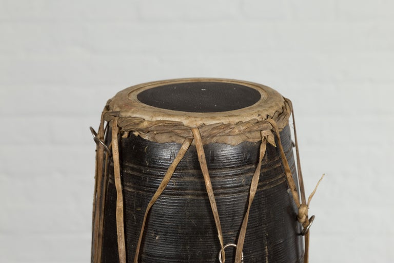 Thai Wood and Leather Klong Khaek Processional Drum with Distressed ...