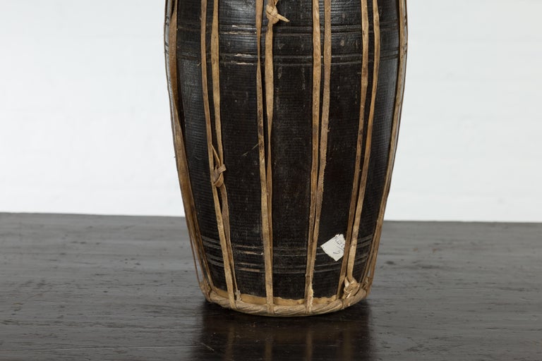 Thai Wood and Leather Klong Khaek Processional Drum with Distressed ...