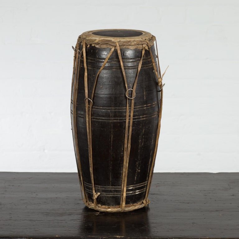 Thai Wood and Leather Klong Khaek Processional Drum with Distressed ...