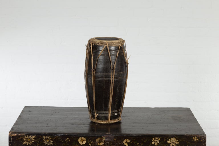 Thai Wood and Leather Klong Khaek Processional Drum with Distressed ...