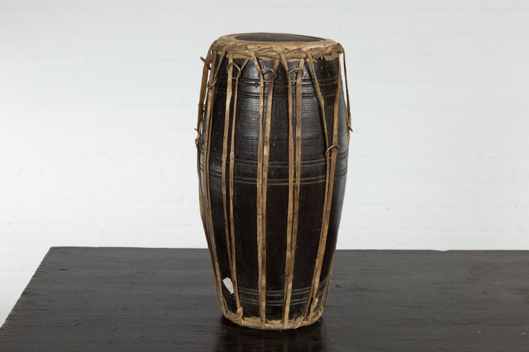 Thai Wood and Leather Klong Khaek Processional Drum with Distressed ...