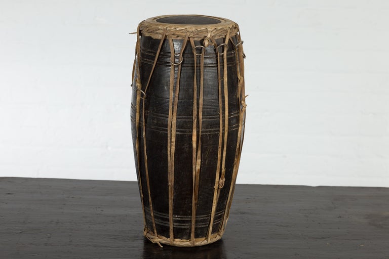 Thai Wood and Leather Klong Khaek Processional Drum with Distressed ...