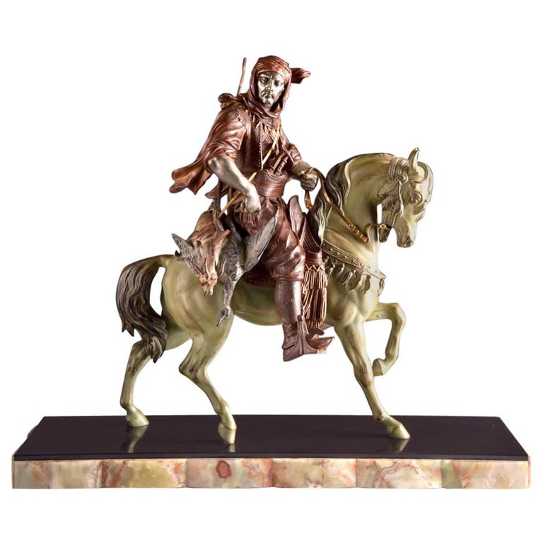 The Arabian Hunter, Cold Painted Metal Statue by Barge For Sale at 1stDibs