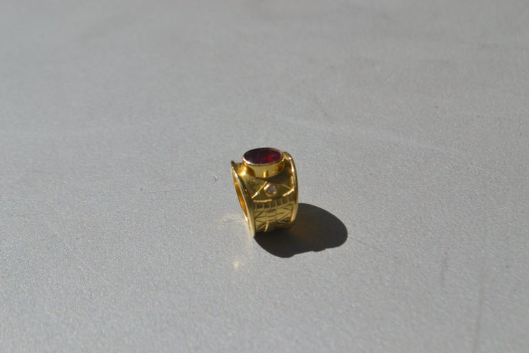 Customizable Aztec Ring in 18k Gold with Ruby and Two Diamonds For Sale ...