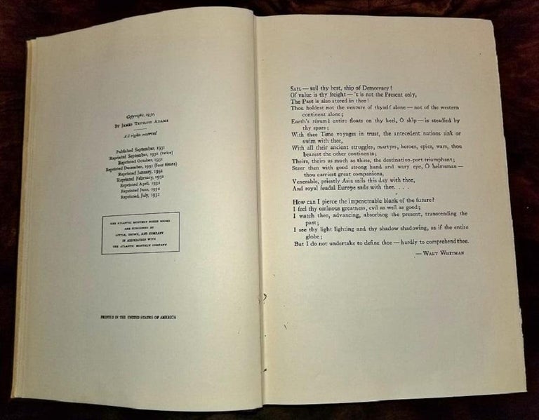 Epic of America by Jt Adams First Edition Re-Print For Sale at 1stDibs