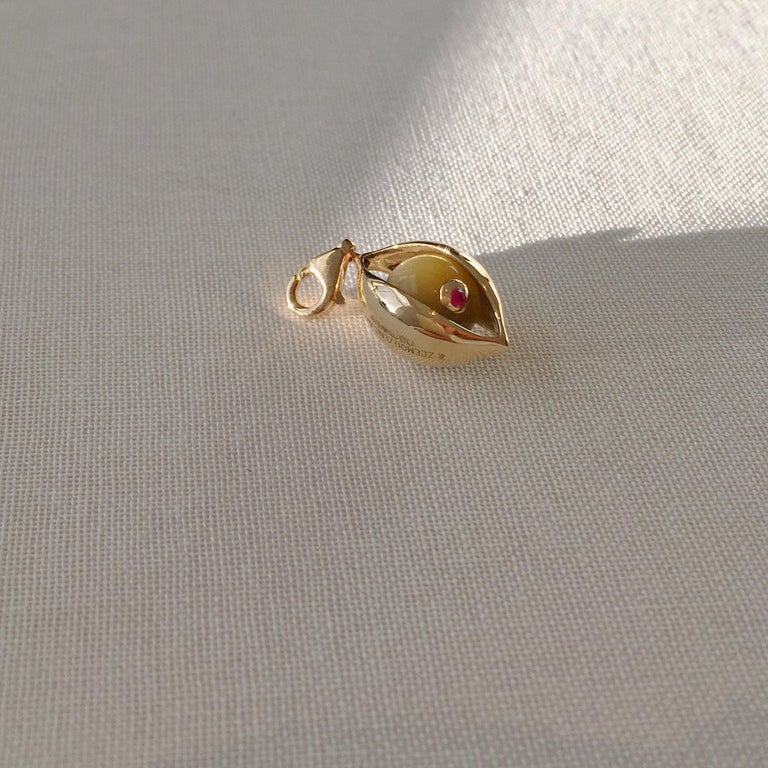 Eye Charm 18 Karat Yellow Gold Tigers Eye Ruby Diamond For Sale at 1stDibs