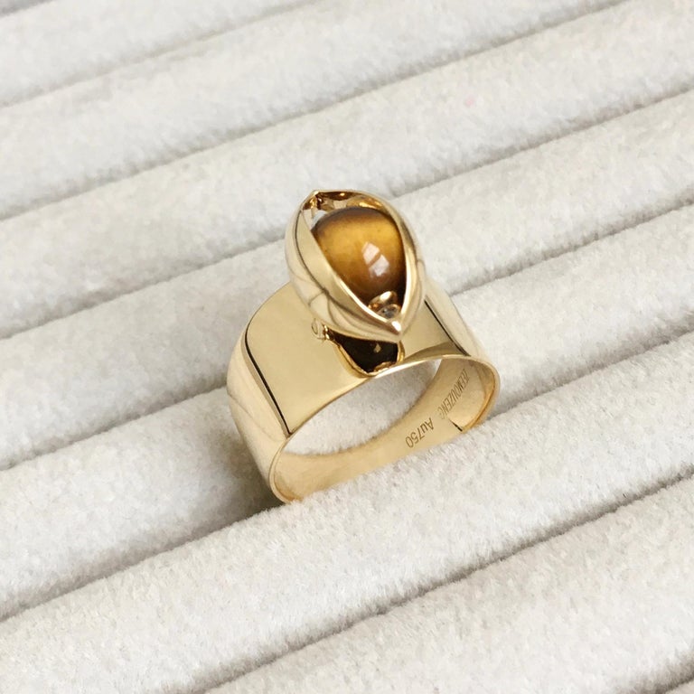 Eye Unisex Ring 18 Karat Yellow Gold Tigers Eye Ruby Diamond For Sale ...