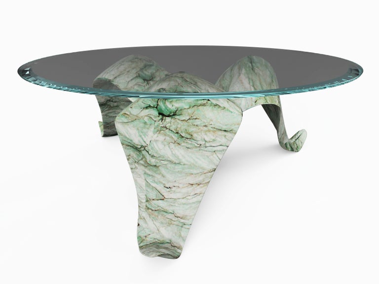 "The Diamond Leaf" Center Table ft. Sculptured Green Marble and Glass ...