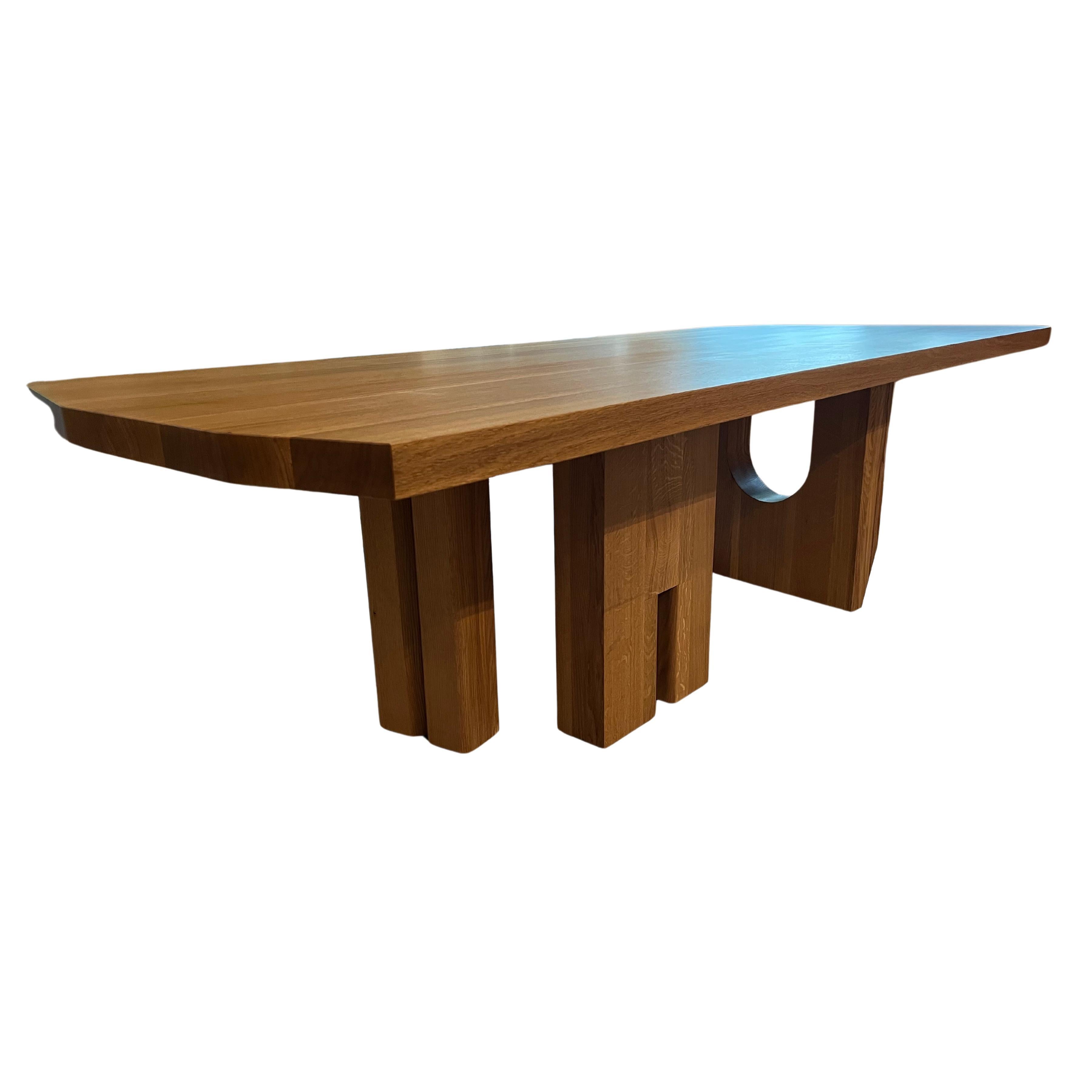 Large Mid Century Modern Round Glass Dining Table, Oak For Sale at 1stDibs