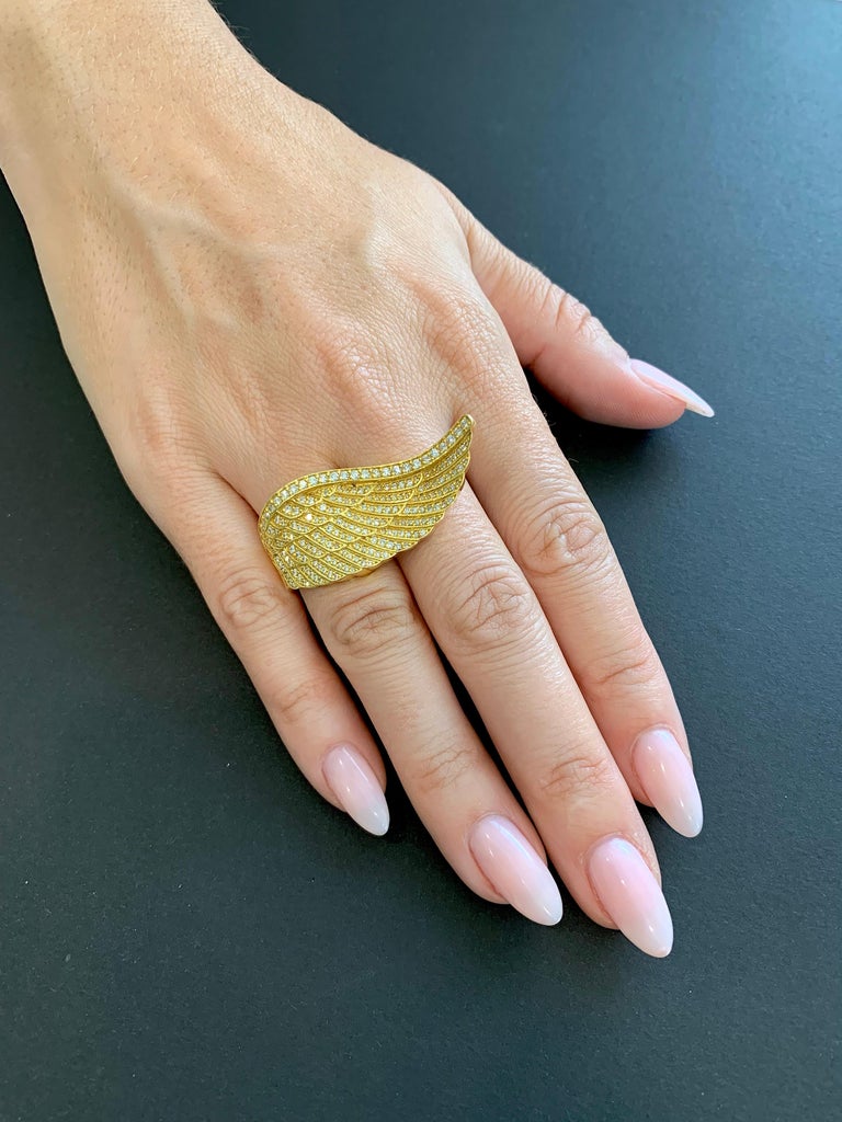 Yellow Gold White Diamond Ring, Angel Wing For Sale at 1stDibs