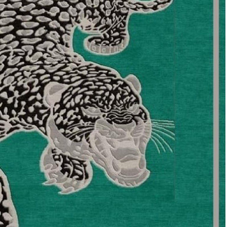Green field Tibetan Snow Leopard Modern Rug Hand Knotted Wool and Silk ...