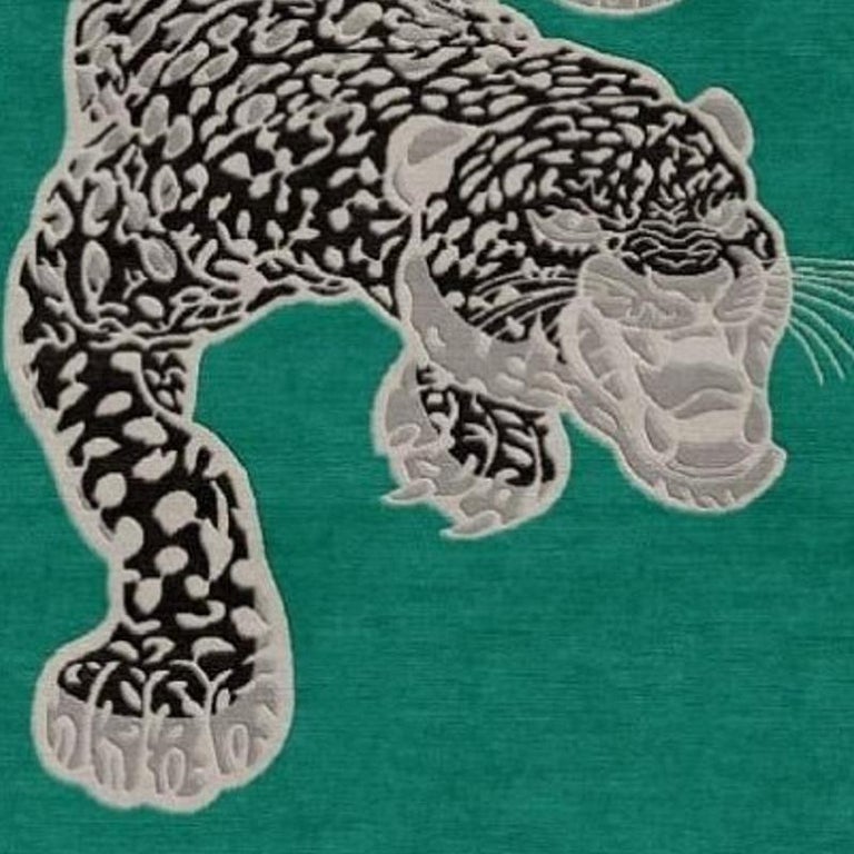 Green field Tibetan Snow Leopard Modern Rug Hand Knotted Wool and Silk ...