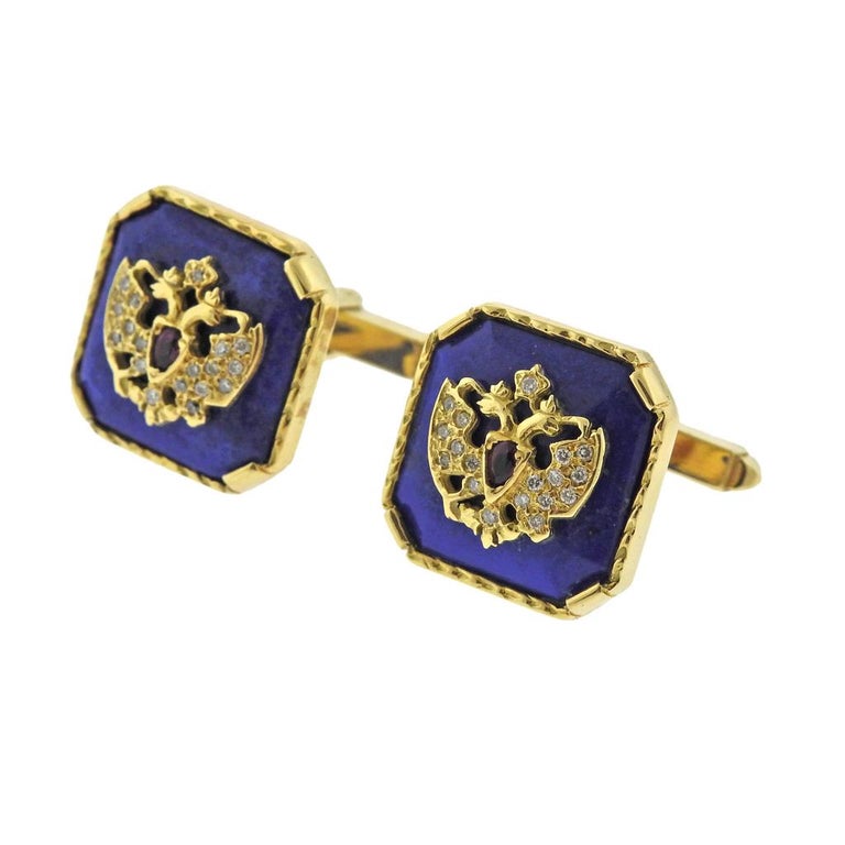 Theo Faberge Romanov Lapis Ruby Diamond Gold Cufflinks at 1stDibs