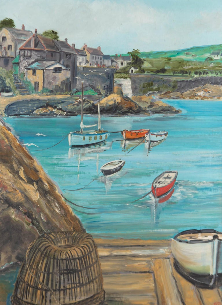 Theo - Theo - 20th Century Oil, Coastal Town View with Docked Boats For ...