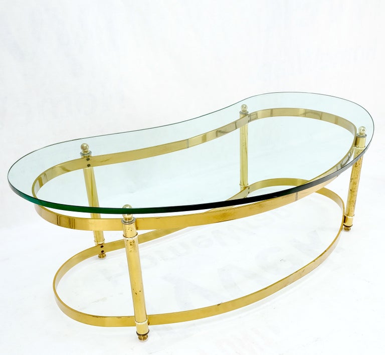 Thick Glass Kidney Shape Brass Base Mid-Century Modern Coffee Table For ...