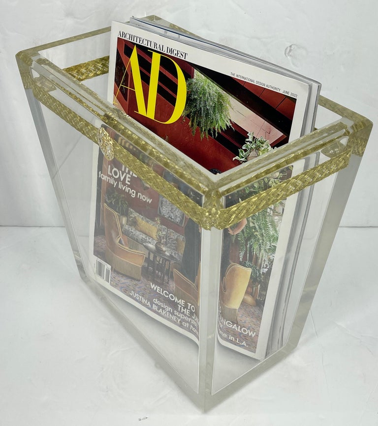 Thick Lucite Italian Magazine Rack with Lion Head and Gilt Metal Thread ...