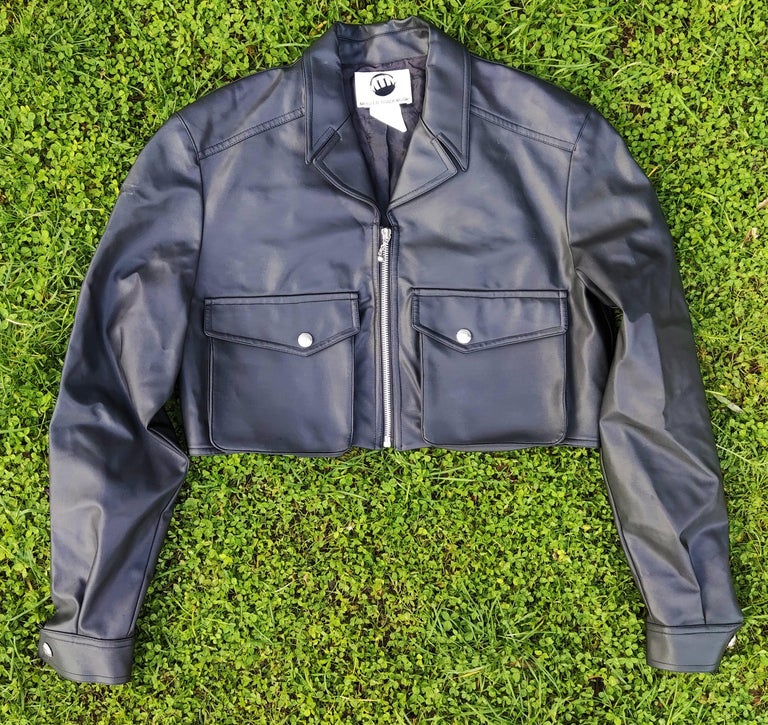 Thierry Mugler Black Motorcycle Trademark Faux Leather Top Blazer Crop ...