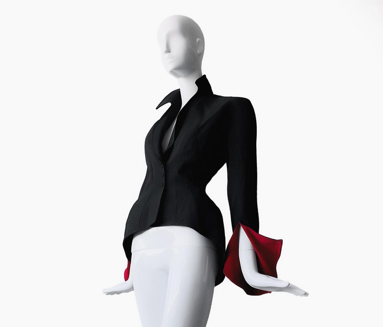 Thierry Mugler FW 1997 Black Jacket with Dramatic Red Velvet Sleeves ...