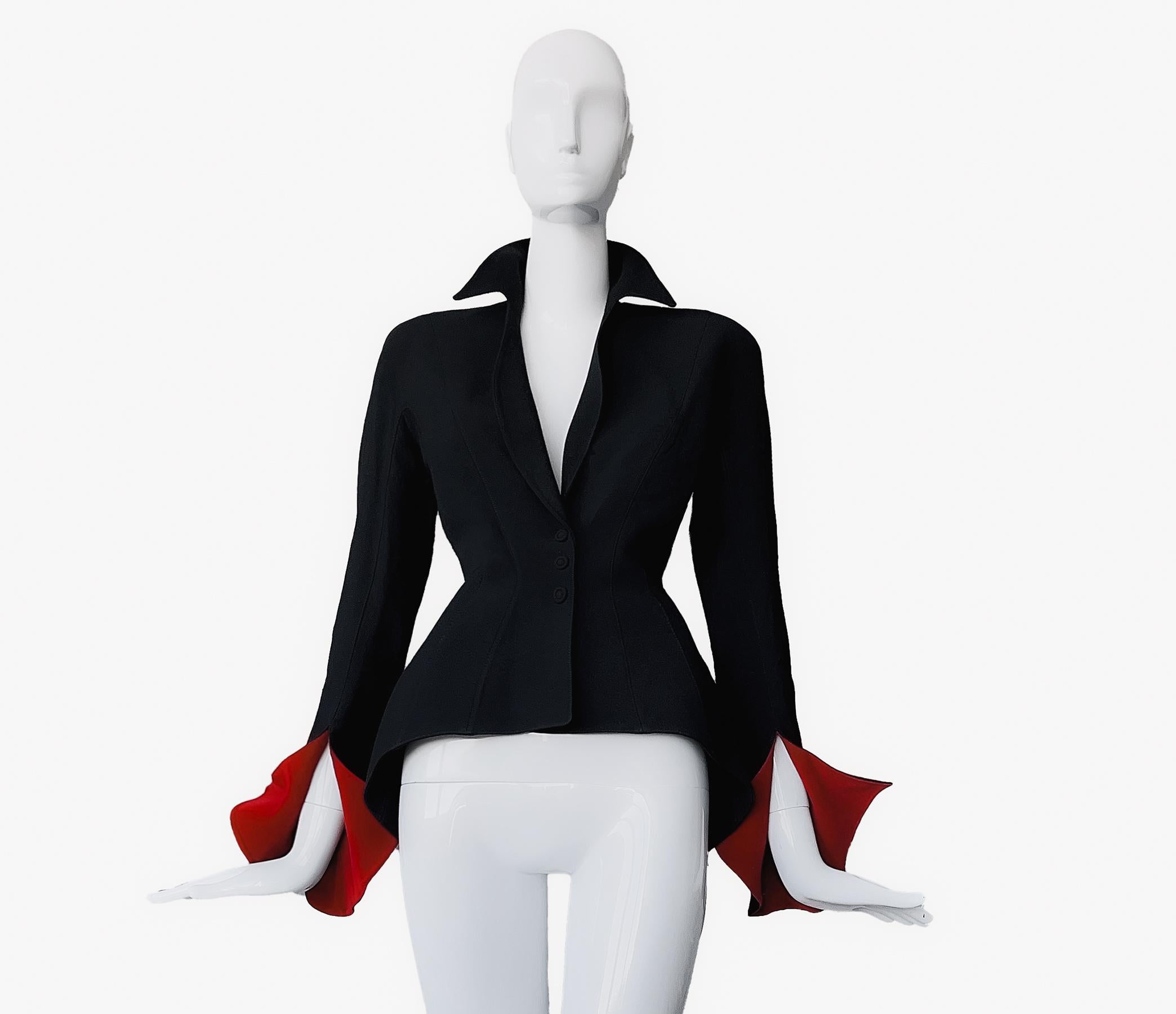 Thierry Mugler FW 1997 Black Jacket with Dramatic Red Velvet Sleeves ...