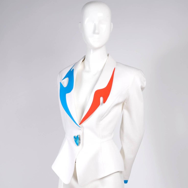 Thierry Mugler Jacket Blazer W Orange and Blue Cutouts in White Pique ...