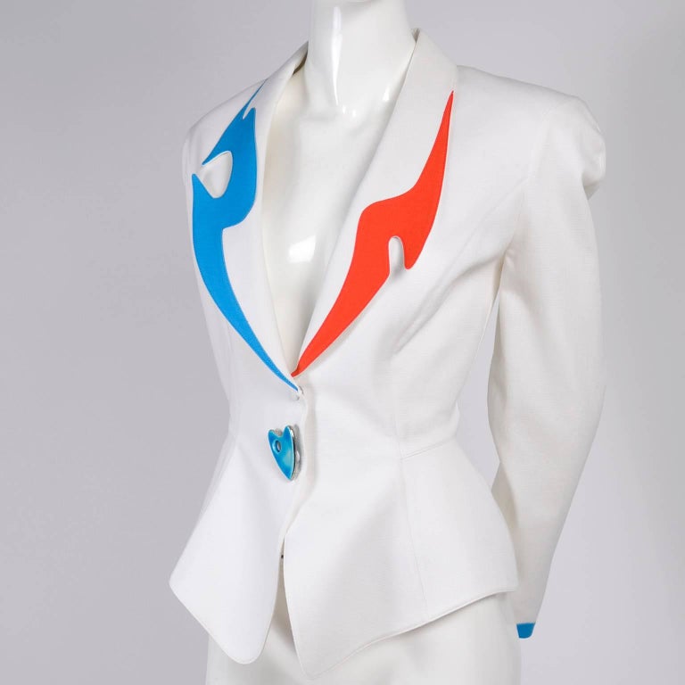 Thierry Mugler Jacket Blazer W Orange and Blue Cutouts in White Pique ...