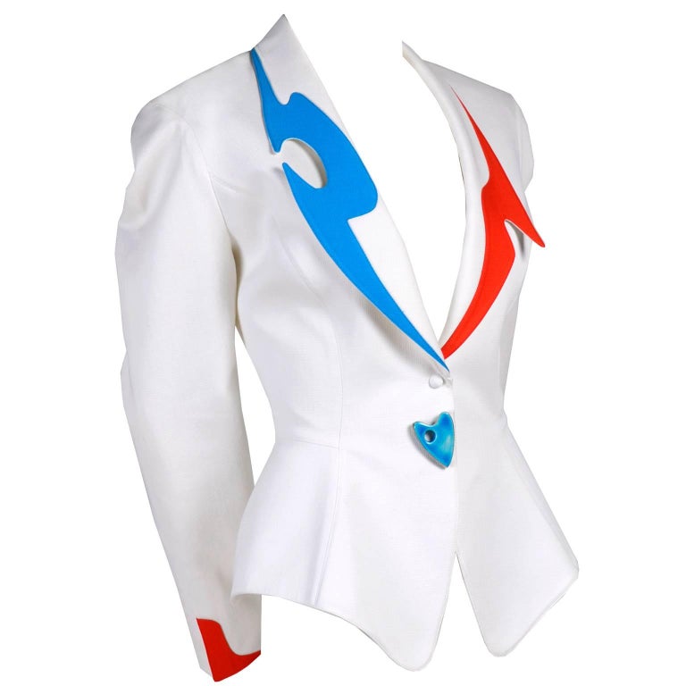Thierry Mugler Jacket Blazer W Orange and Blue Cutouts in White Pique ...