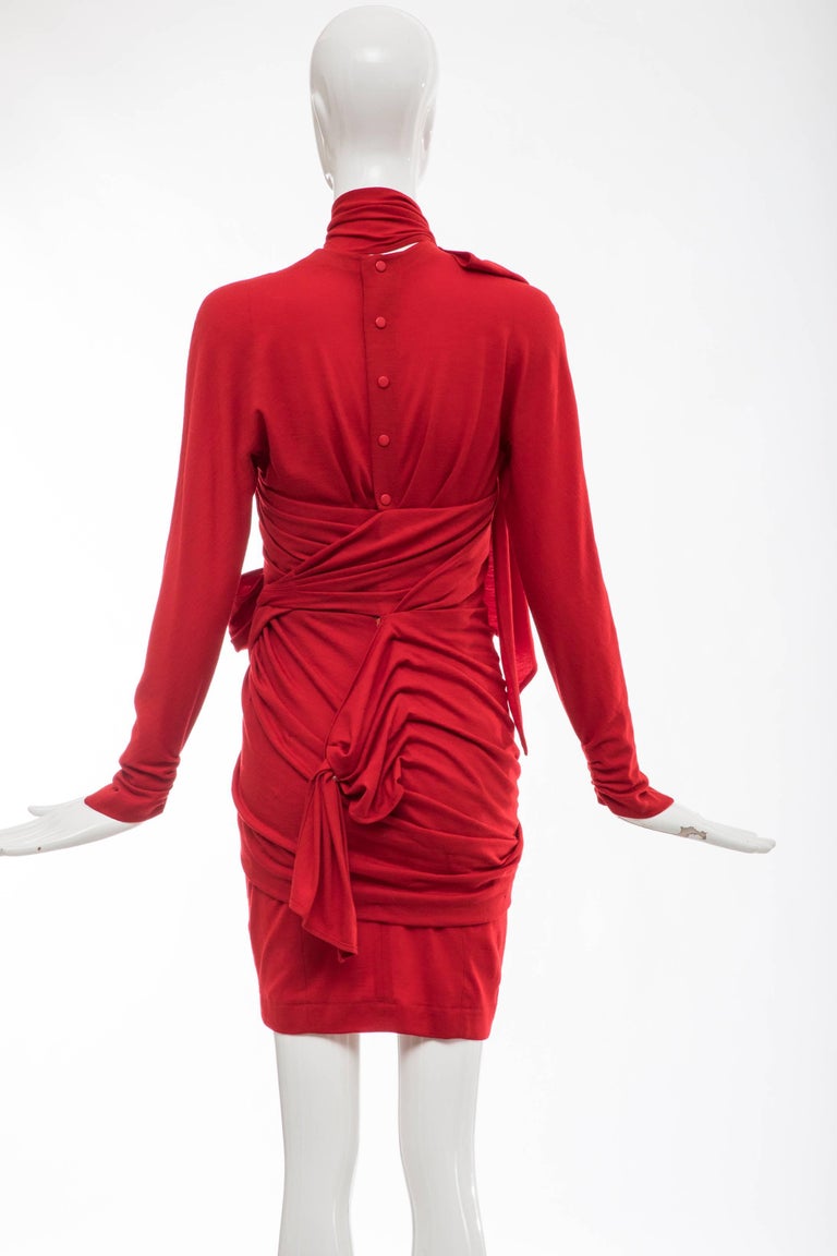Thierry Mugler Red Wool Jersey Ruched Dress with Built-In-Corset, Circa ...