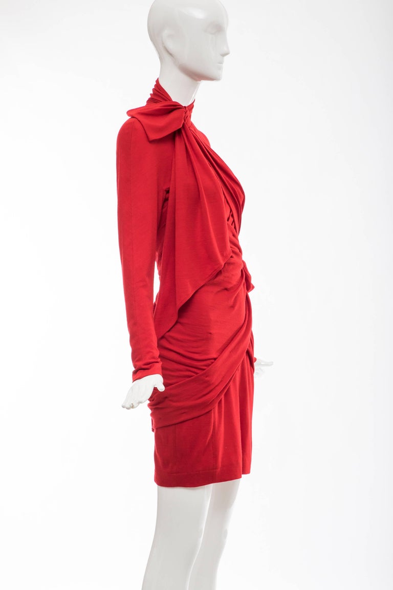 Thierry Mugler Red Wool Jersey Ruched Dress with Built-In-Corset, Circa ...