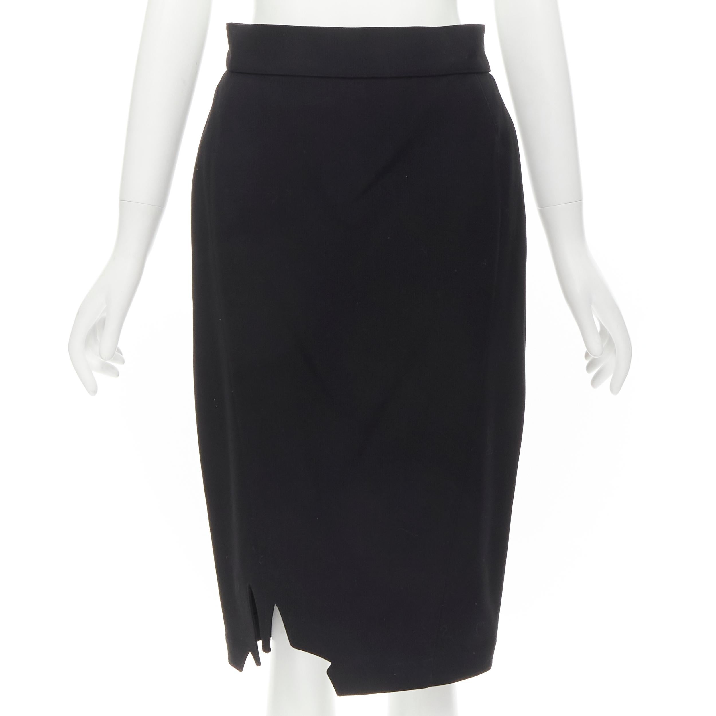 Thierry Mugler Vintage Jagged Cut Out Hem Black Worsted Wool Pencil