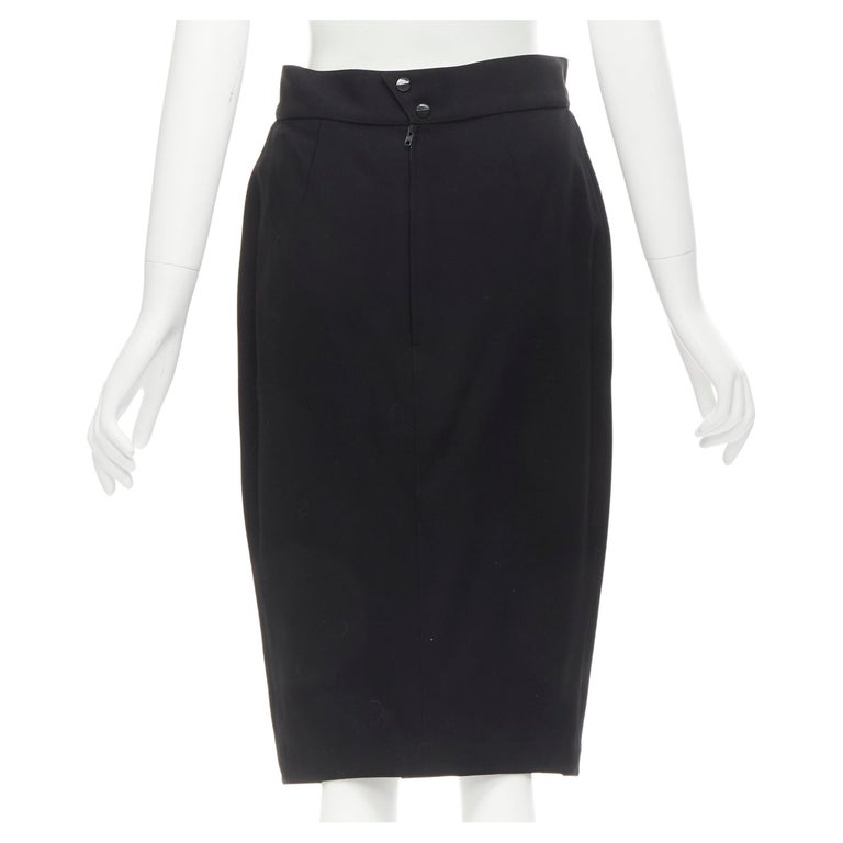 THIERRY MUGLER Vintage jagged cut out hem black worsted wool pencil ...