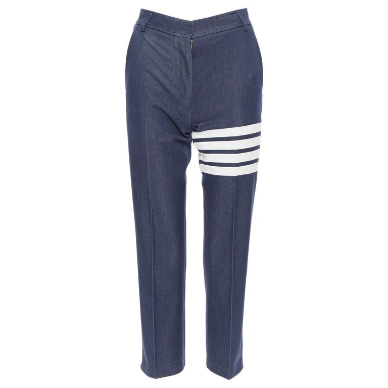 THOM BROWNE dark indigo blue 4 stripe signature tab cropped jeans IT38 ...
