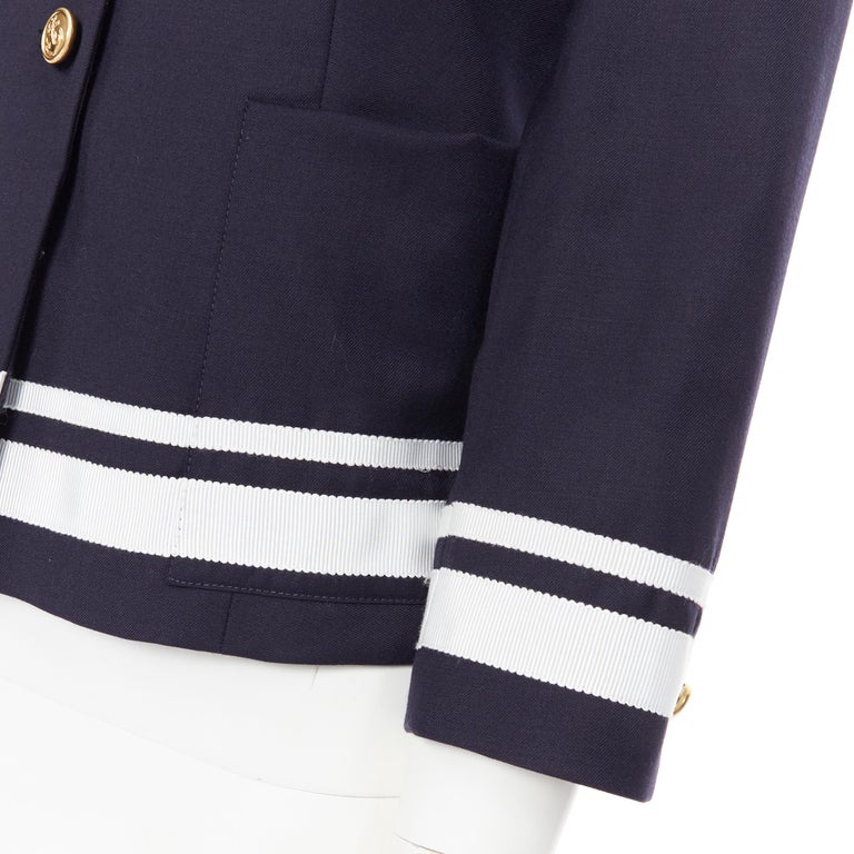 THOM BROWNE navy wool white ribbon trimmed gold sailor button blazer ...
