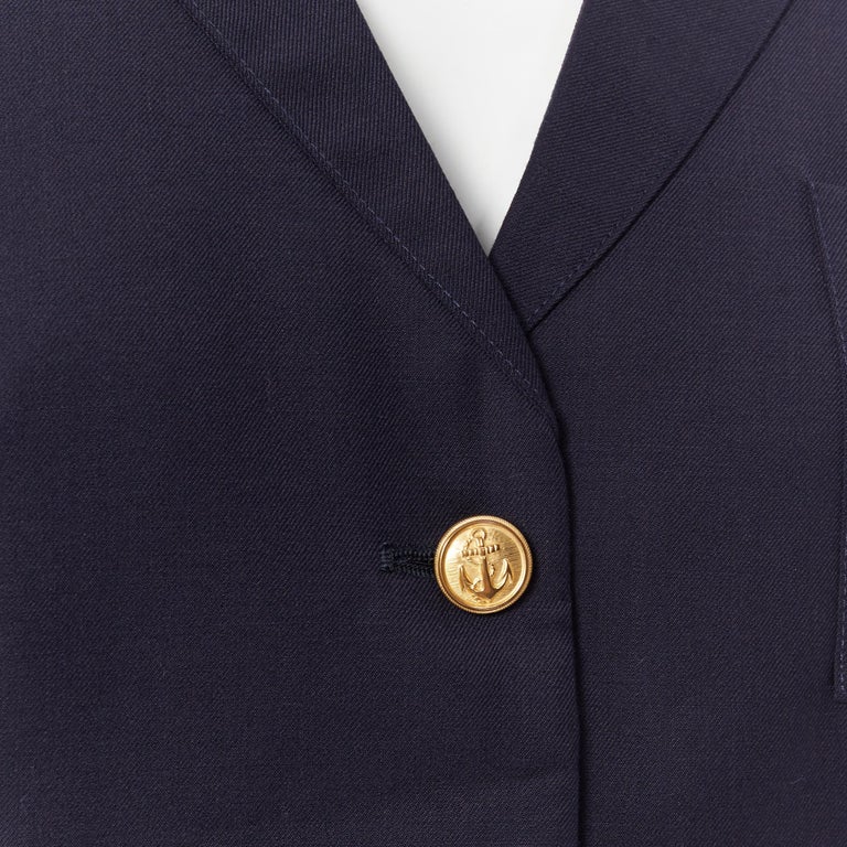 THOM BROWNE navy wool white ribbon trimmed gold sailor button blazer ...