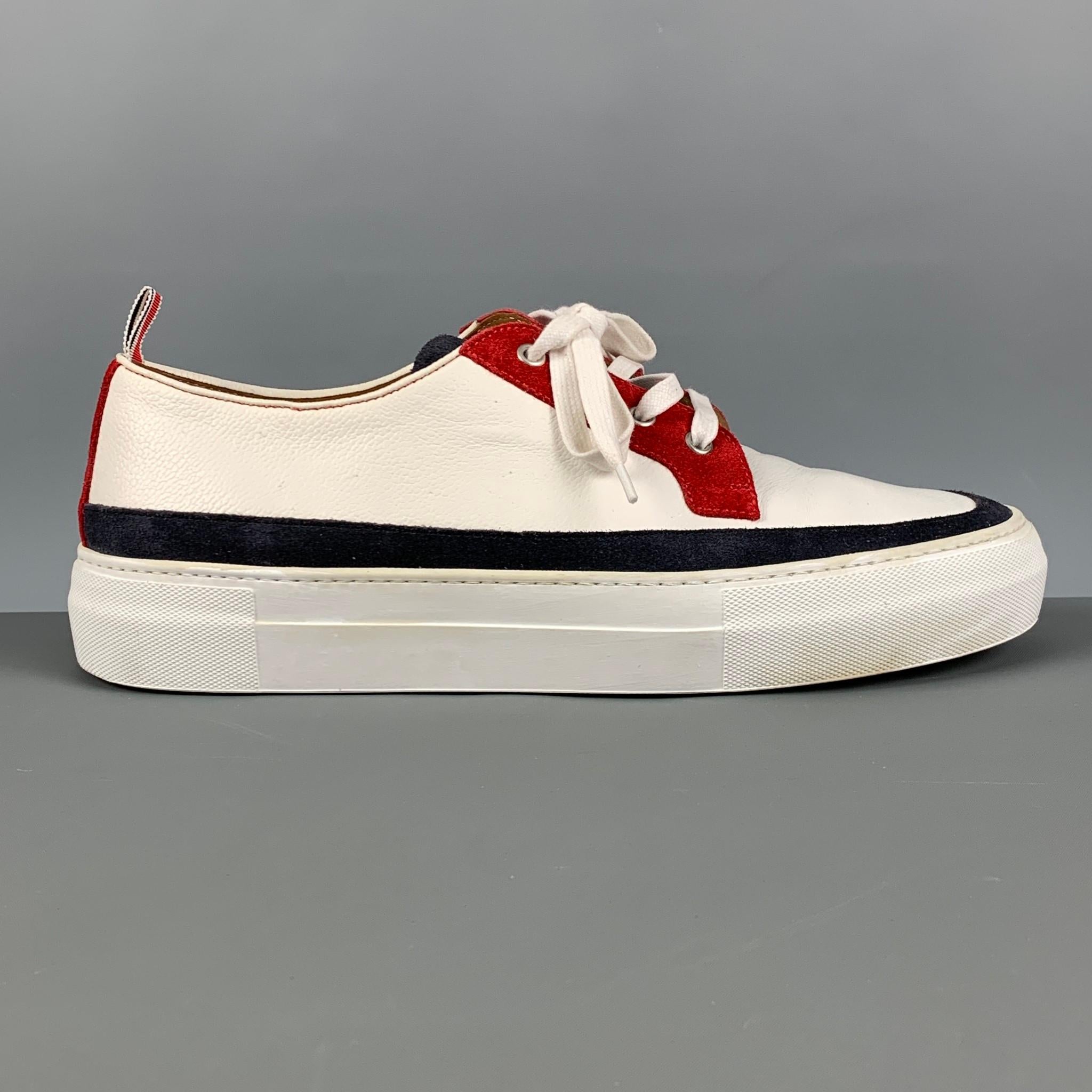 THOM BROWNE Size 10 White Red and Blue Color Block Leather Platform ...
